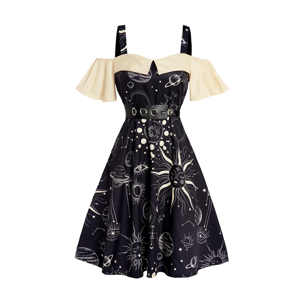 Celestial Sun Moon Star Eye Print Belted Gothic Dress For Female Summer ...
