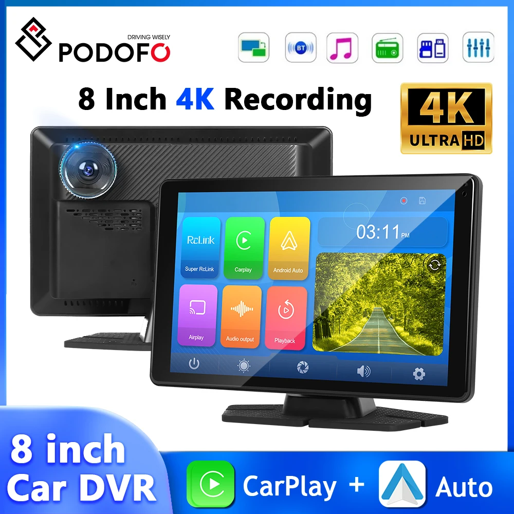 Podofo-8Inch-Car-Monitor-4K-Front-Camera-Dashboard-Dash-Cam-Carplay ...