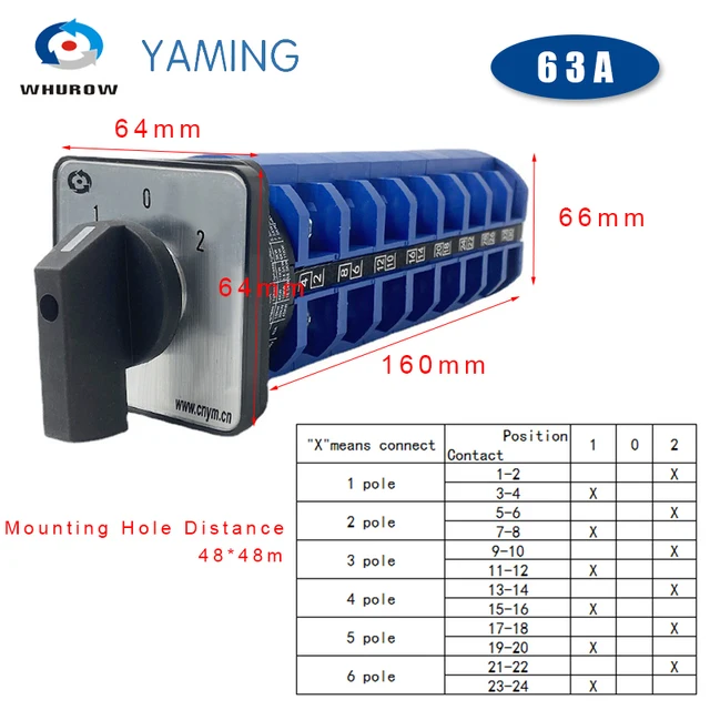 LW26-63/6 Rotary Switch 63A 6-Pole Rotary Cam Switch - 1-0-2 Position ...