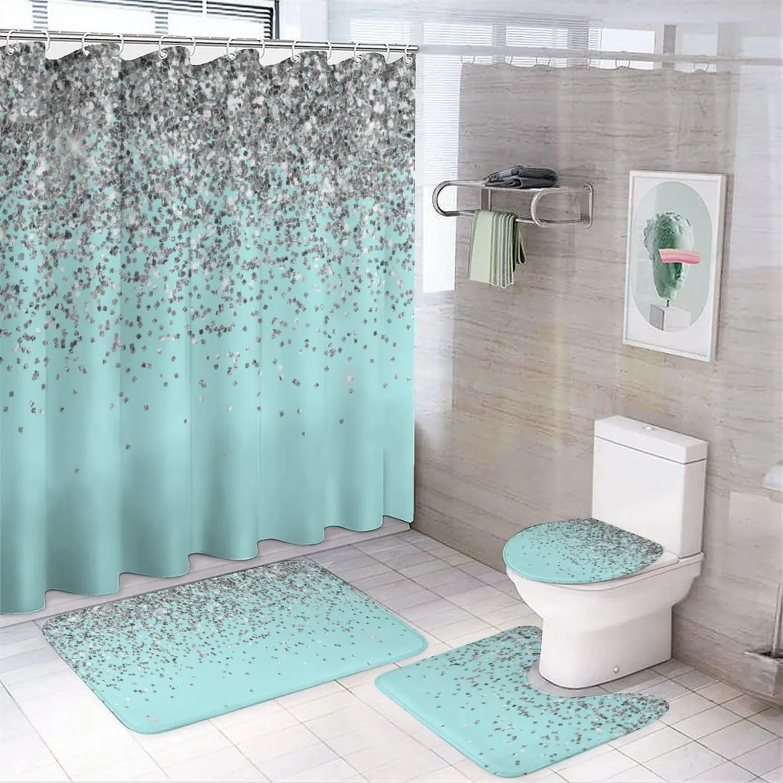 Cyan-geometric-printed-shower-curtain-Modern-non-slip-carpet-shower ...