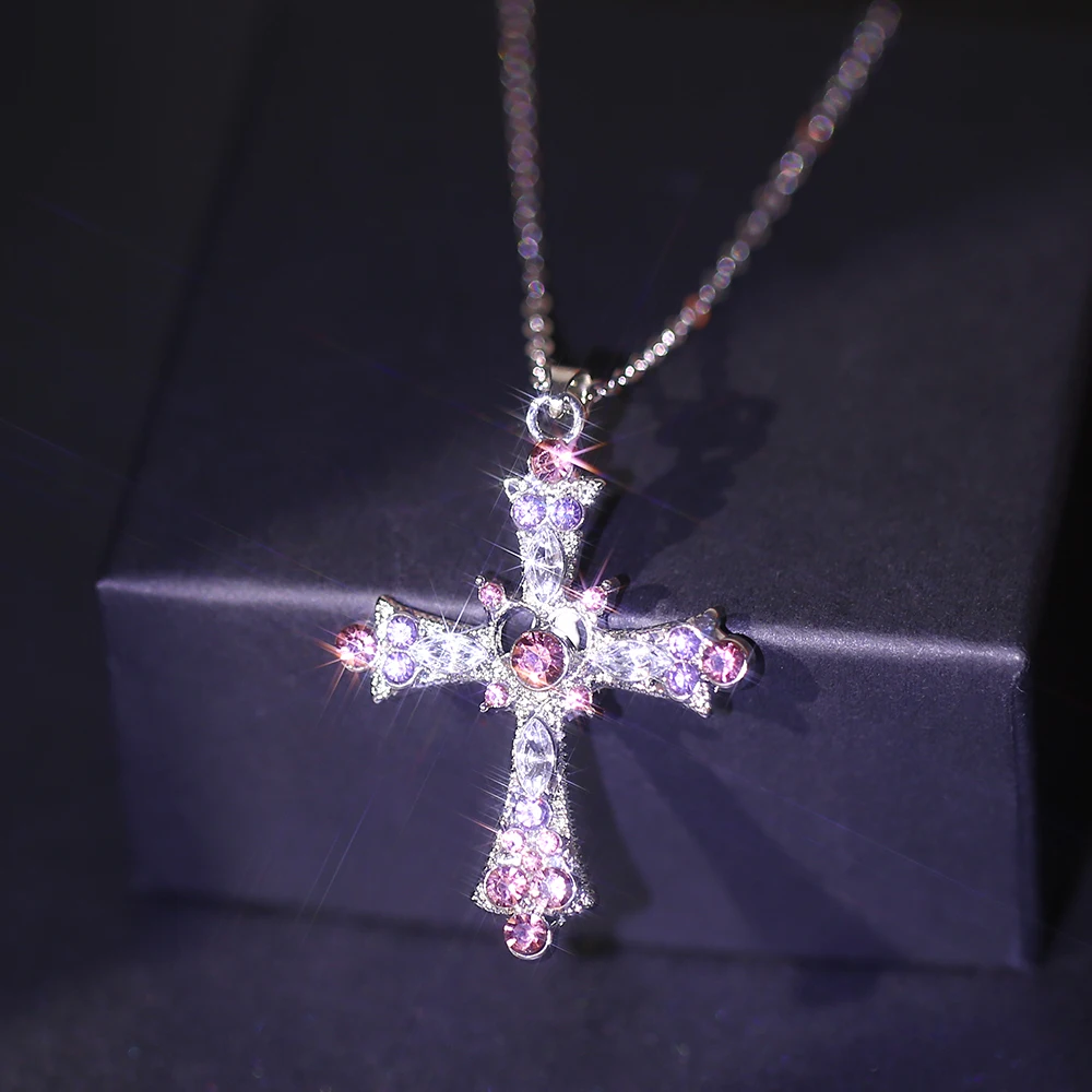 Neo gótico Colar Cruz para Mulheres, Corrente Pingente Y2K, Zircão Roxo ...