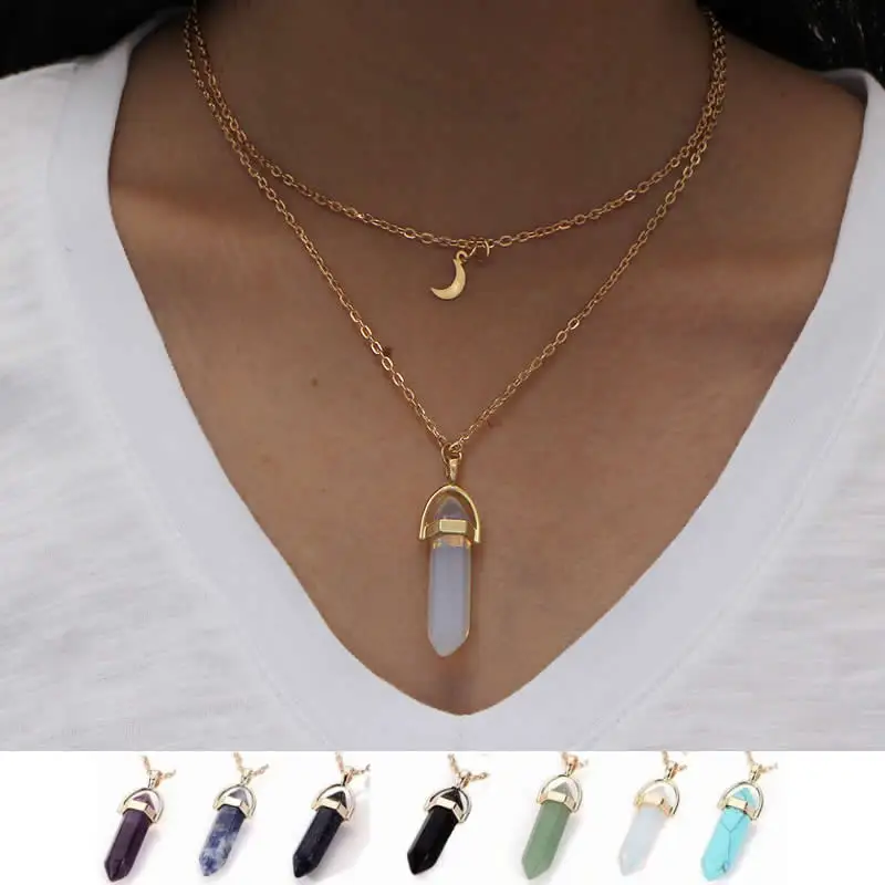 Bohemian-Fashion-agate-Hexagonal-Stone-Column-Quartz-Necklaces-Natural ...