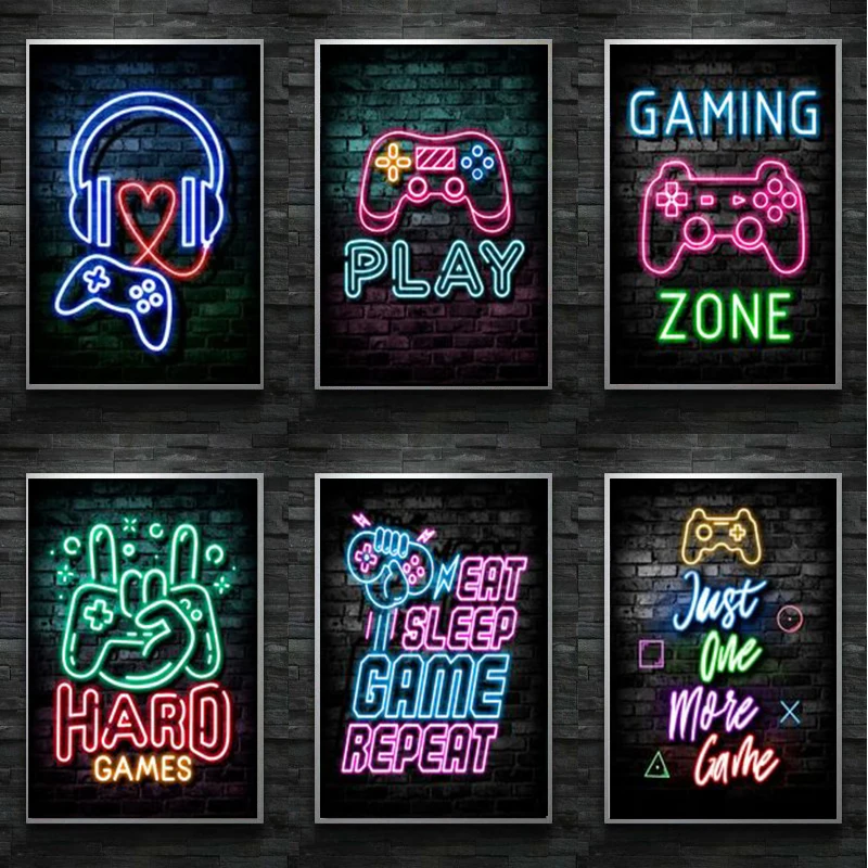 Nordic Cats And Gaming Neon Art Posters and Prints Canvas Painting Wall ...