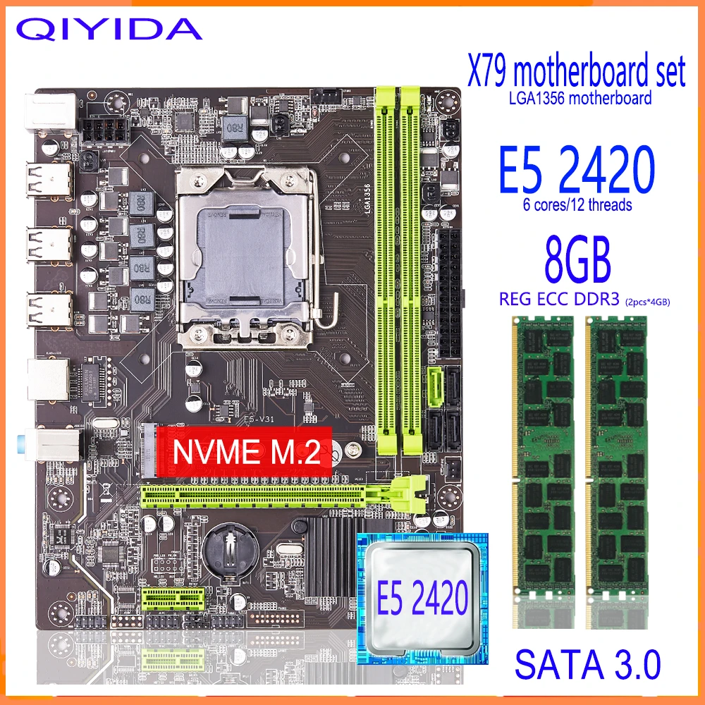 Qiyida X79 Conjunto De Placa-mãe Lga 1356 E5 2420 Cpu 2 Pces X 4gb = 8gb 1333mhz 10600r Ddr3 Ecc ...