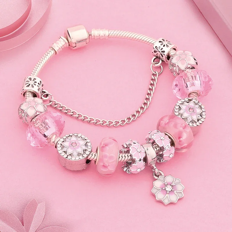New-Romantic-Pink-Cherry-Blossoms-Flower-Charm-Bracelet-Cute-Pink ...