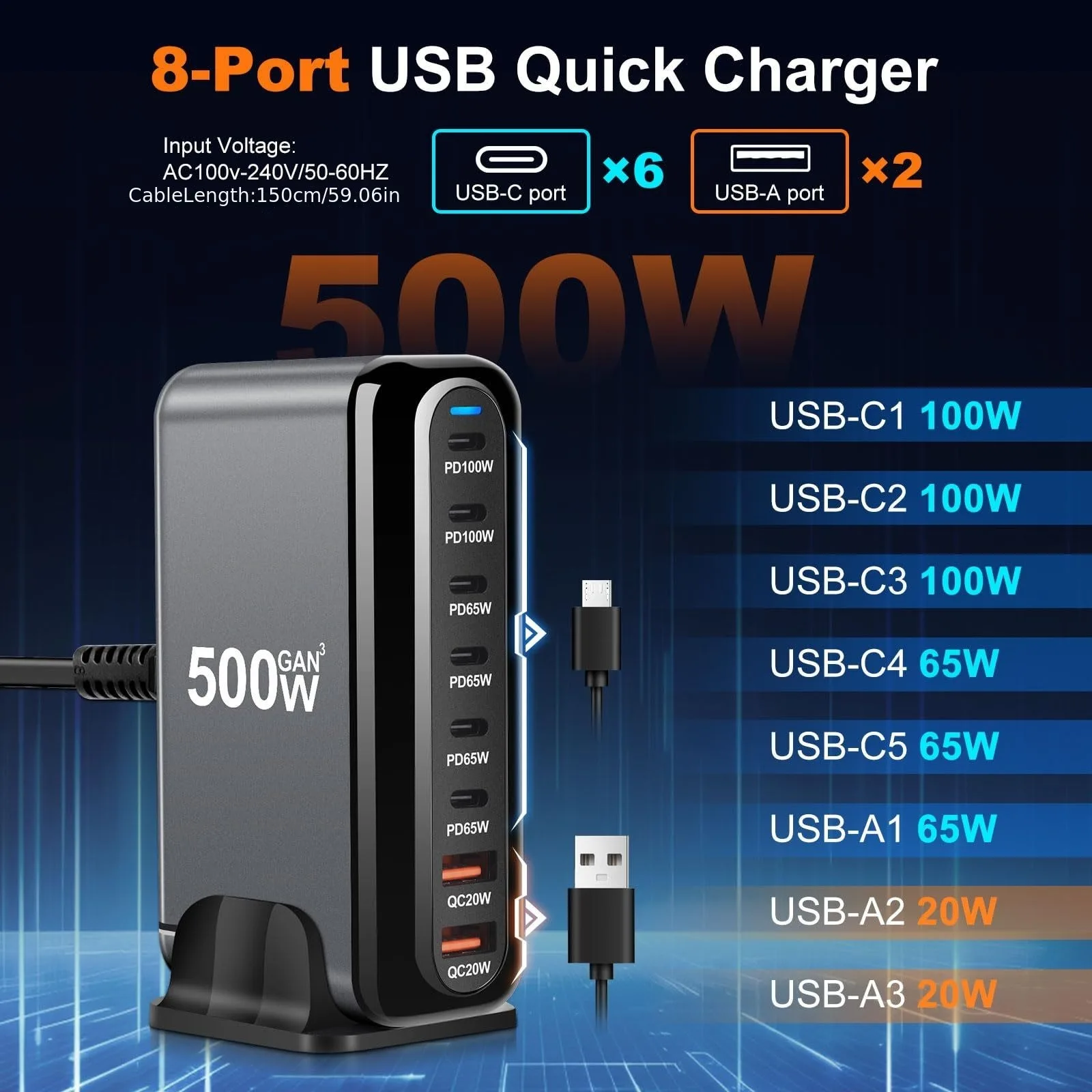 500W GaN Fast Charger Station, 8-Port USB C Charge 2A6C Power Adapter ...