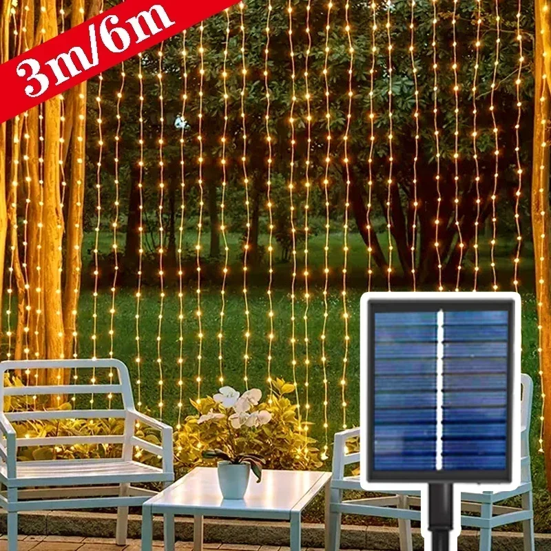 6M/3M Outdoor Solar Powered Curtain LED Light String Fairy Holiday ...