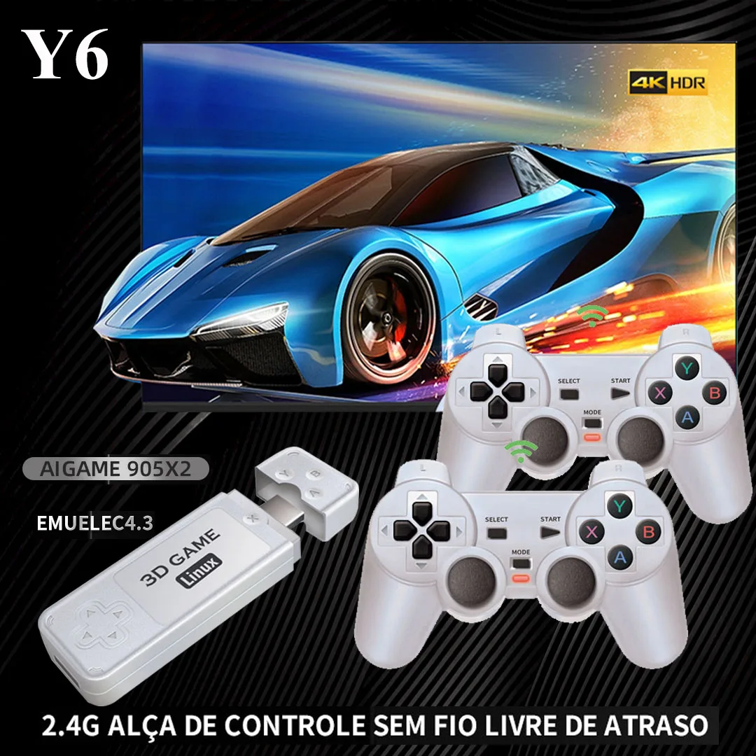 Ampown Y6 Console de videogames Retro Game Stick 2.4G sem fio Emuelec4 ...