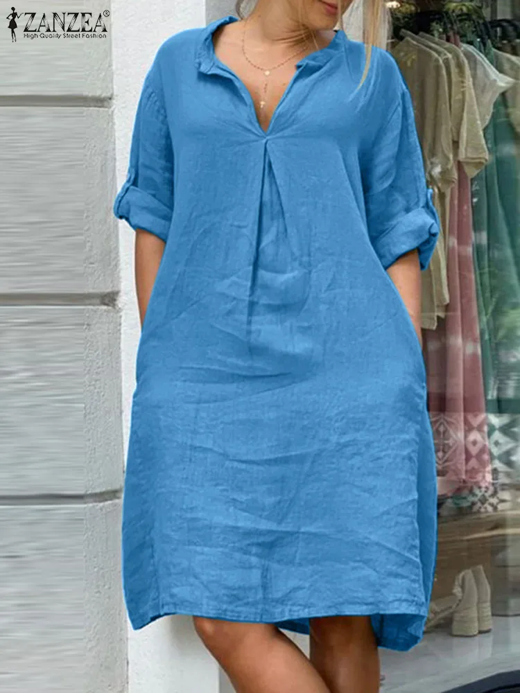 2023-ZANZEA-Autumn-Lapel-Neck-Long-Sleeve-Casual-Cotton-Dress-Women ...