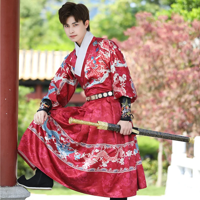 Chinese Traditional Ming Qing Dynasty Men Hanfu Dress Dragon Print Tang ...