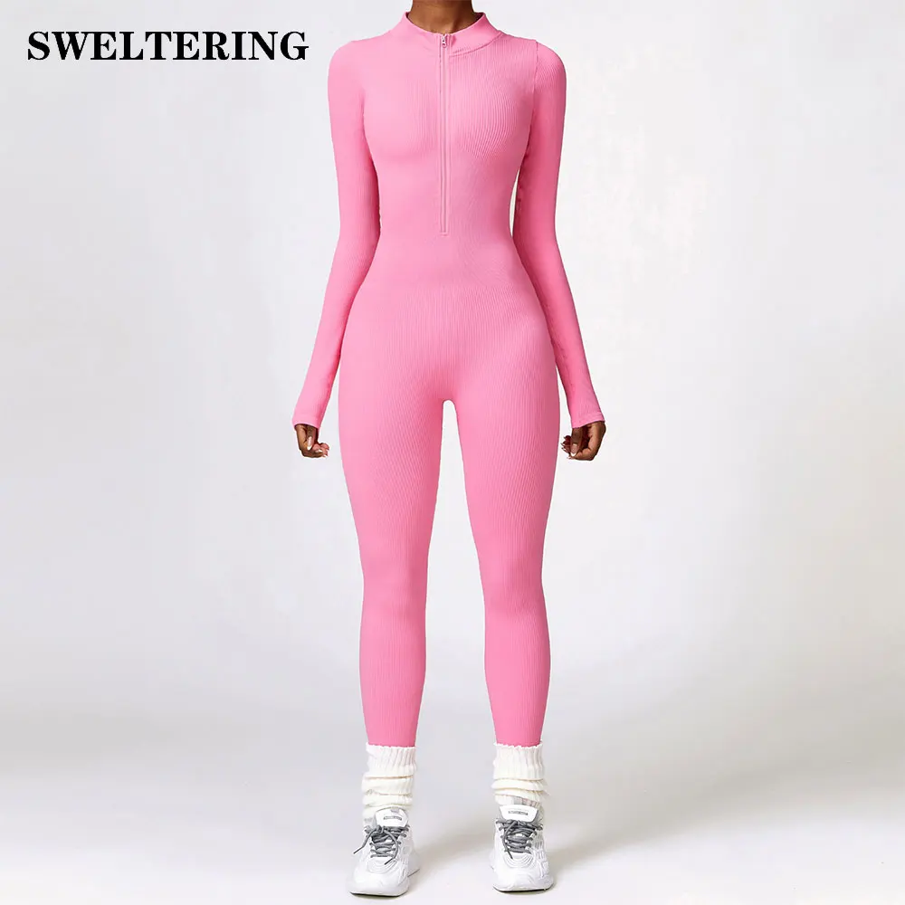 Women-s-Rib-Jumpsuits-One-Piece-Zipper-Long-Sleeved-Yoga-Set-Gym-Push ...