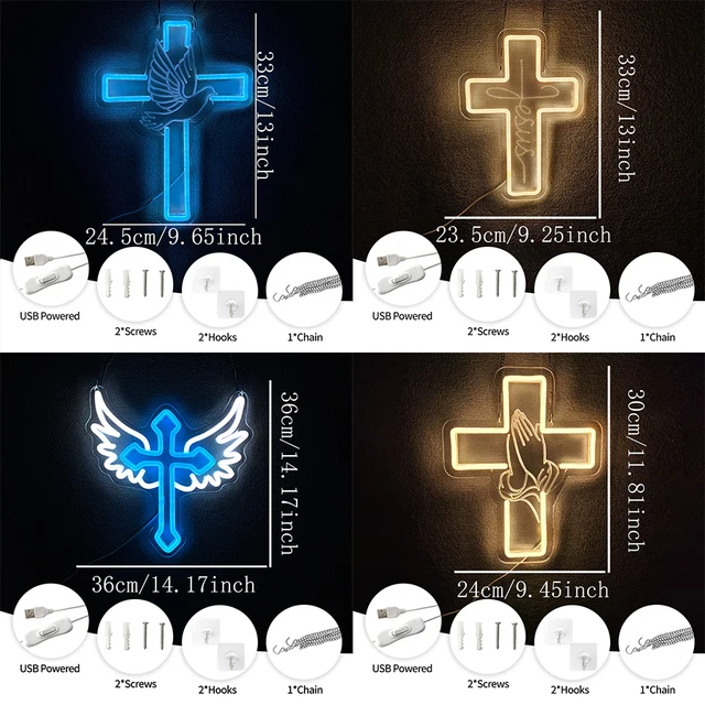 Lighted Cross Neon Sign Of Cross, Icon Of Dove Of Peace And Jesus ...