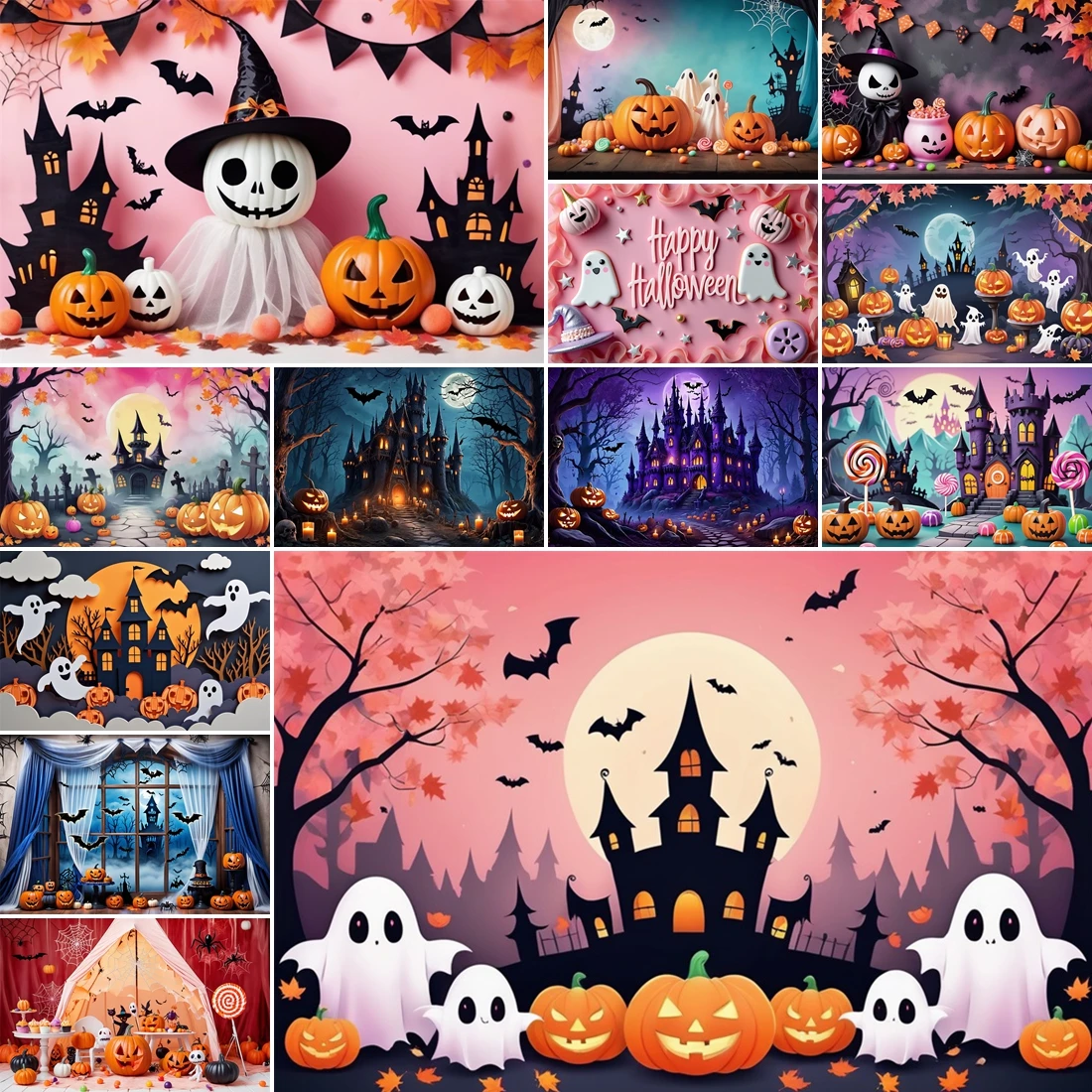 MOON.QG 2025 Haunted Halloween Party Decoration Photo Studio Background Pumpkin Gloomy Castle ...