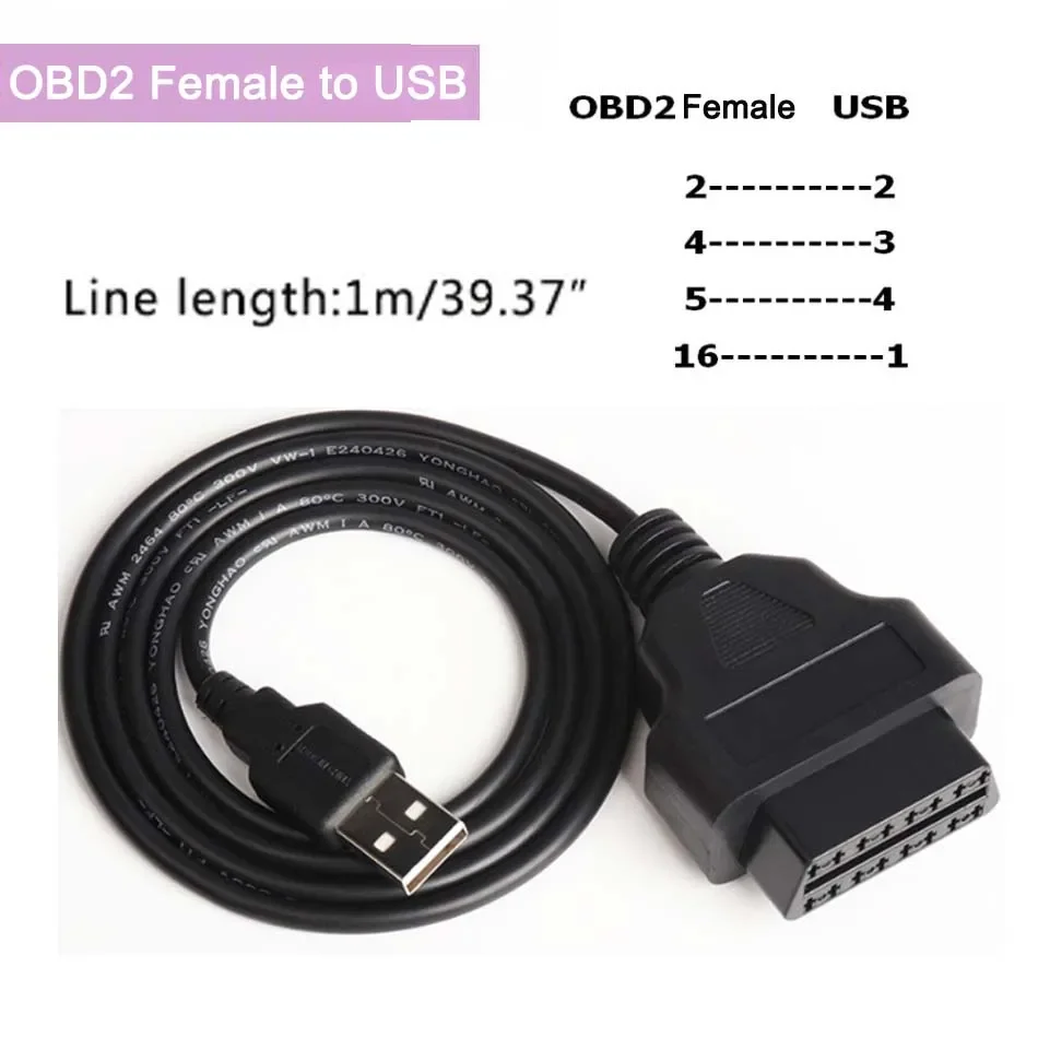 1 Meter Long OBD2 16PIN Female Head to USB Charger Cable for HUD ...