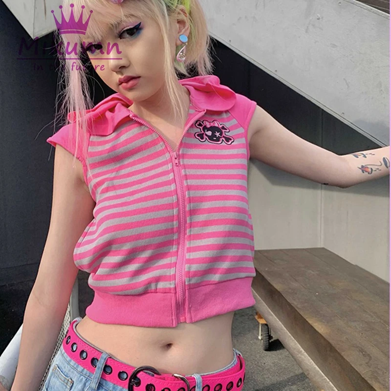 Camiseta de rayas rosas Harajuku Y2k para mujer, Tops cortos con ...