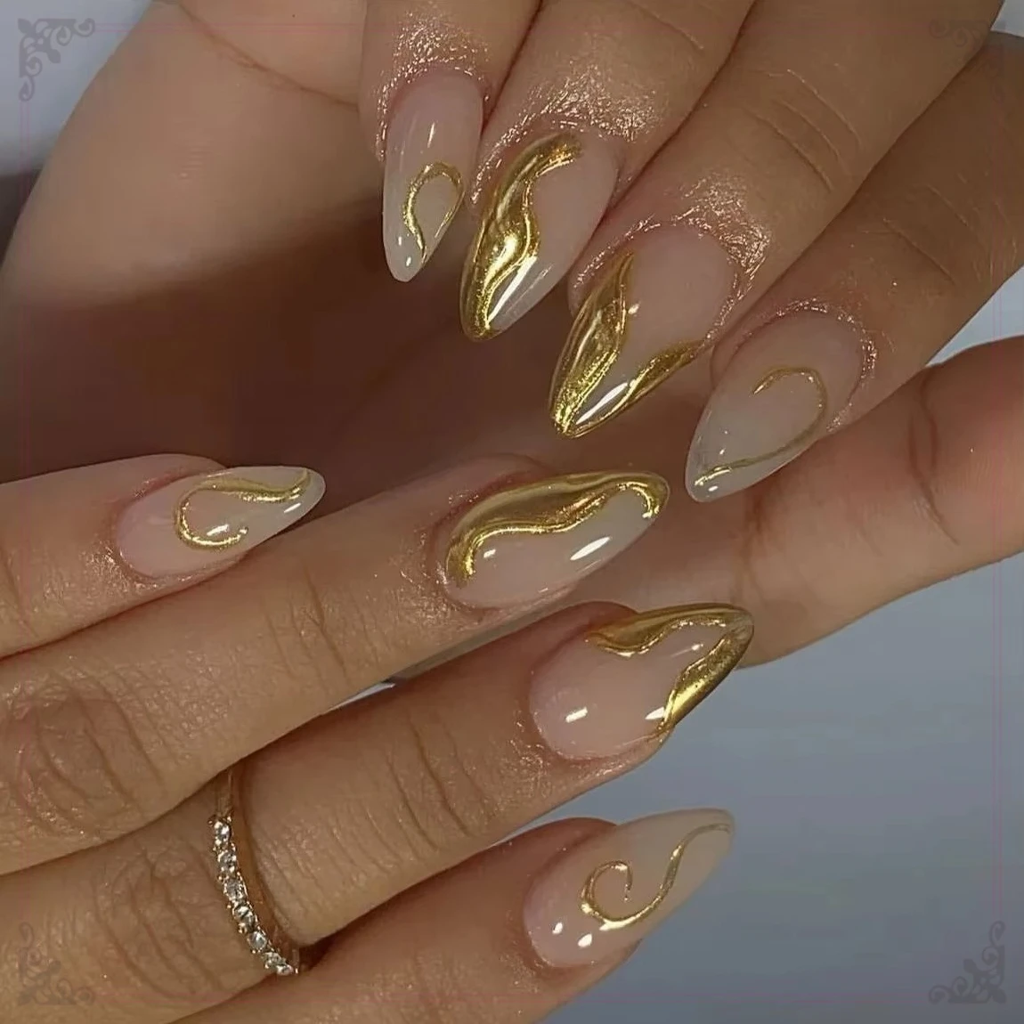 3D Gold Irregular Punk French Nail Art Nude Color Delicate Chic Almond ...