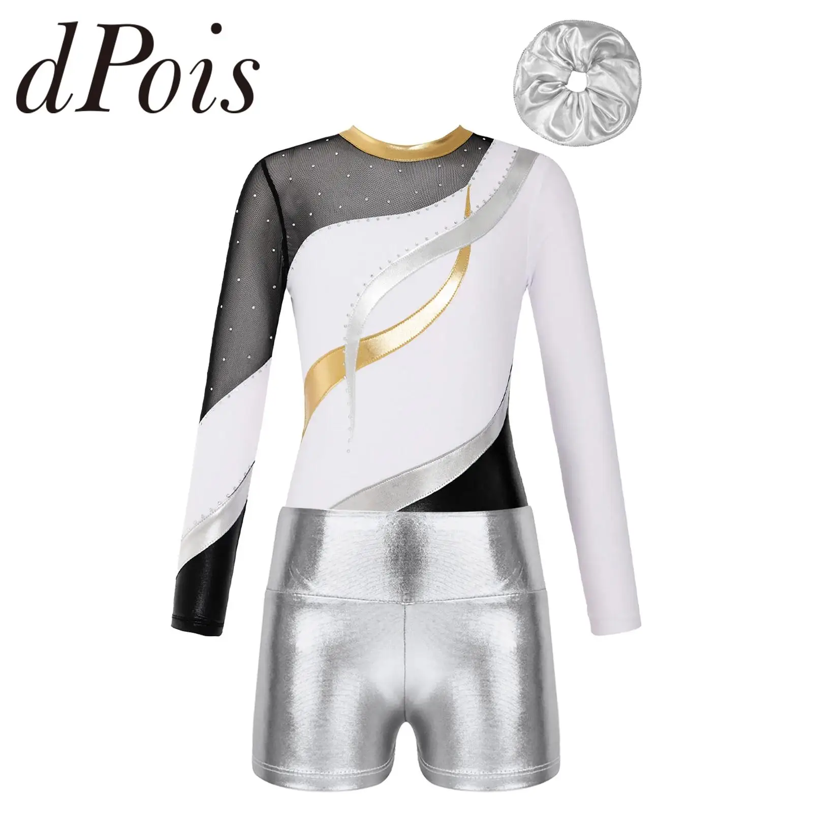 Kids-Girls-Dance-Set-Long-Sleeve-Gymnastics-Leotard-with-Metallic ...