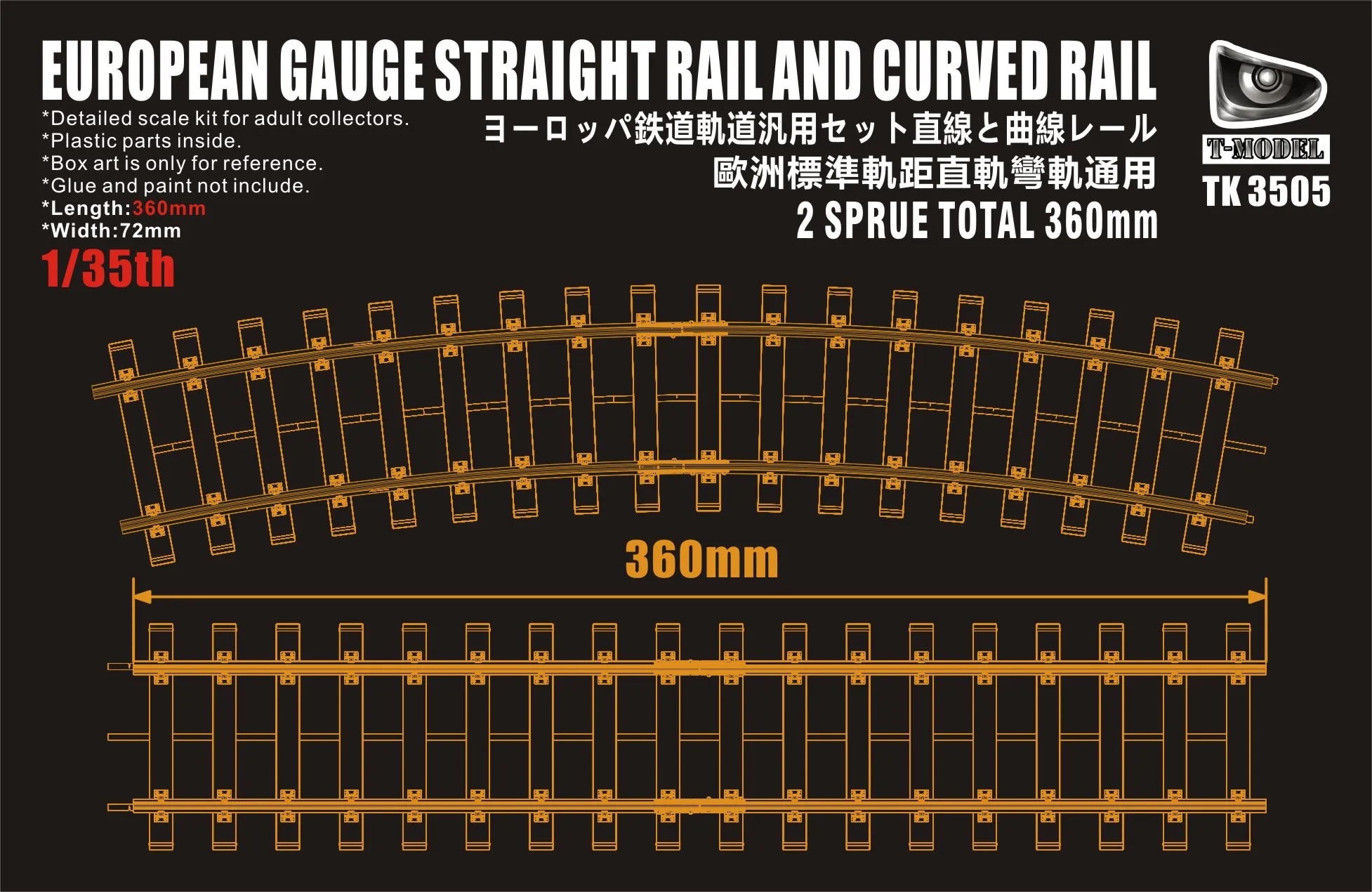 T-Model-TK3505-1-35-European-Gauge-Straight-Rail-and-Curved-Rail-360mm ...