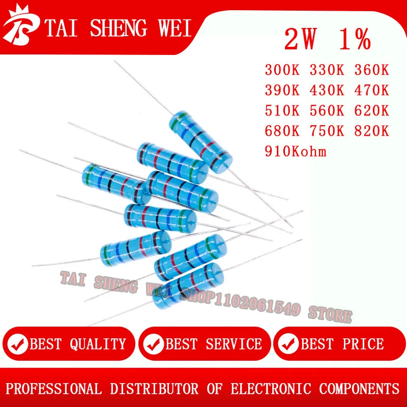 20pcs 2W Metal film resistor resistance 1% 300k ohm 330k 360k ohm 390k ...