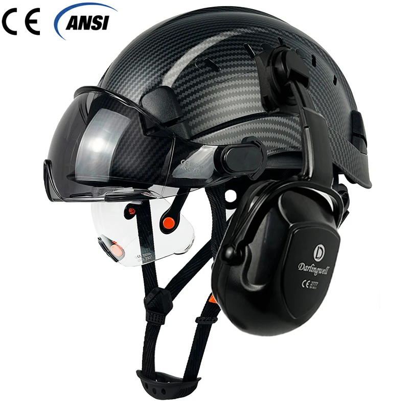 DARLINGWELL CE Carbon Fiber Pattern Safety Helmet With Build in Visor ...