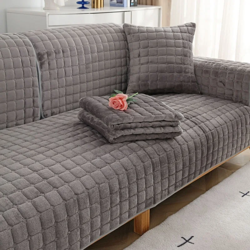 Velvet Sofa Cover Universal Plaid Plush Non-Slip Thickened Living Room ...