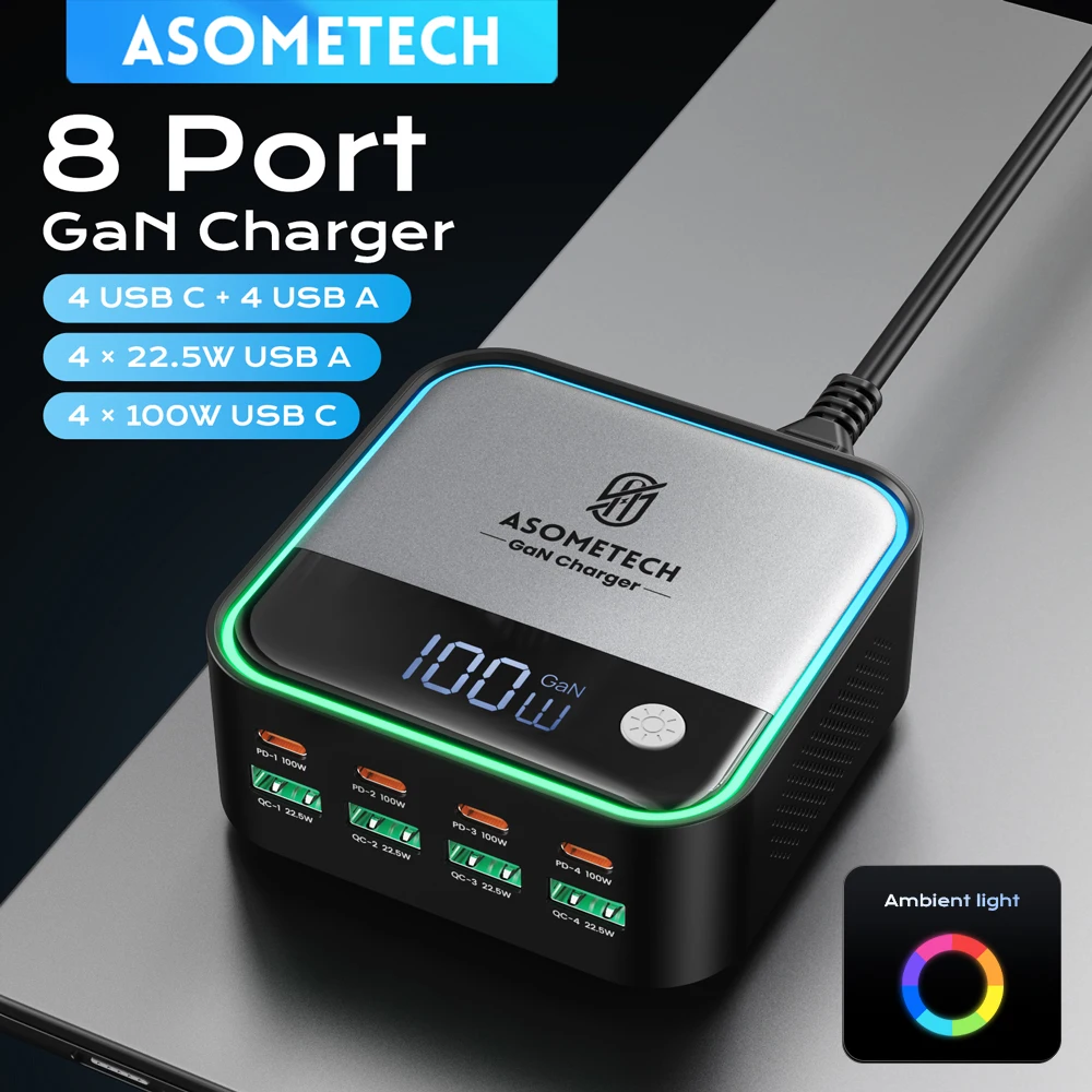 GaN-USB-C-Charger-8-Port-Mini-Desktop-Charger-Ambient-Lighting-Display ...