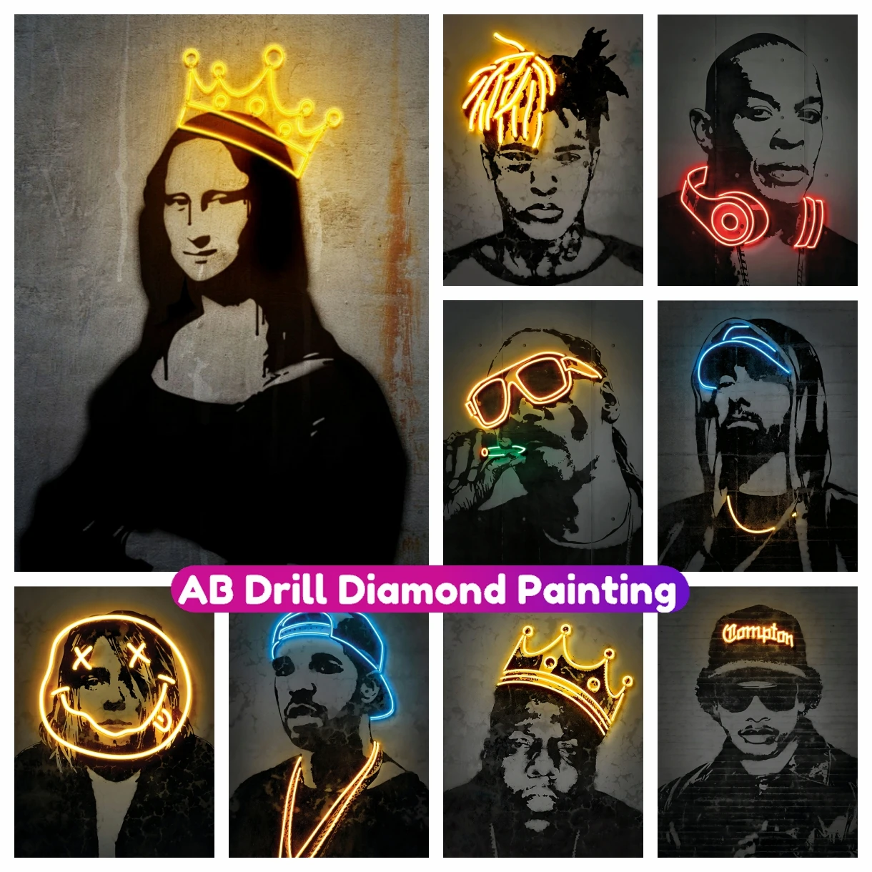 Abstract Neon Effect Hip Pop Rapper Singer Star AB Diamond Painting ...