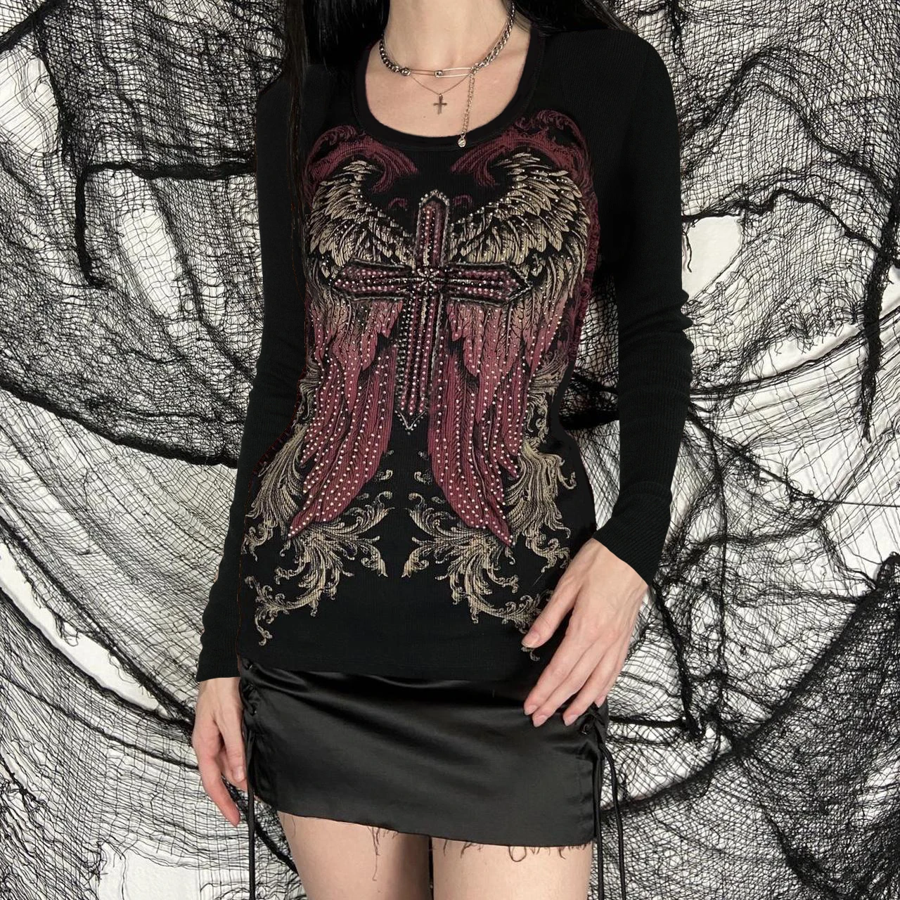 Y2K-Fairycore-Rhinestone-Graphic-Cross-Wings-Print-Long-Sleeve-T-shirts ...