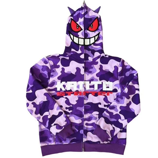 2023 Pokemon Gengar Purple Camo Anime Loose Zip Hoodie Men Y2K Contrast ...