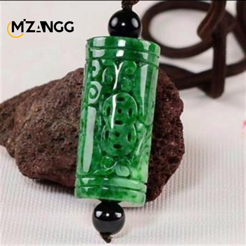 Natural Jade Dry Green Dragon Column Pendant Hollow Carved Ruyi Sweater ...