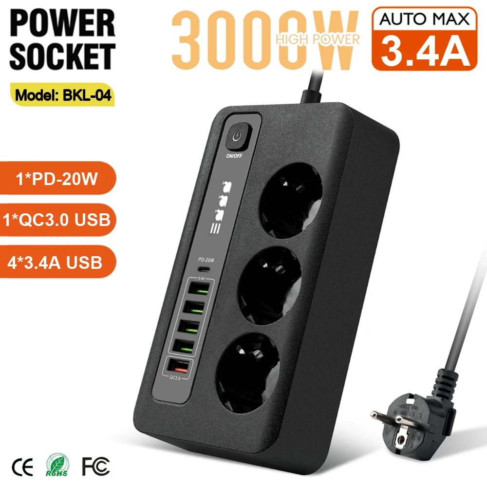 EU Plug AC Outlet Power Strip With PD QC3.0 USB Type C Ports Fast ...