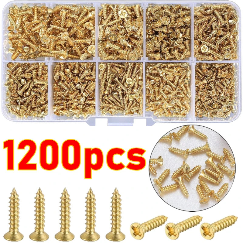 1200pcs Tiny Flat Head Wood Screws Assortment, M2 M2.5 Brass Self ...