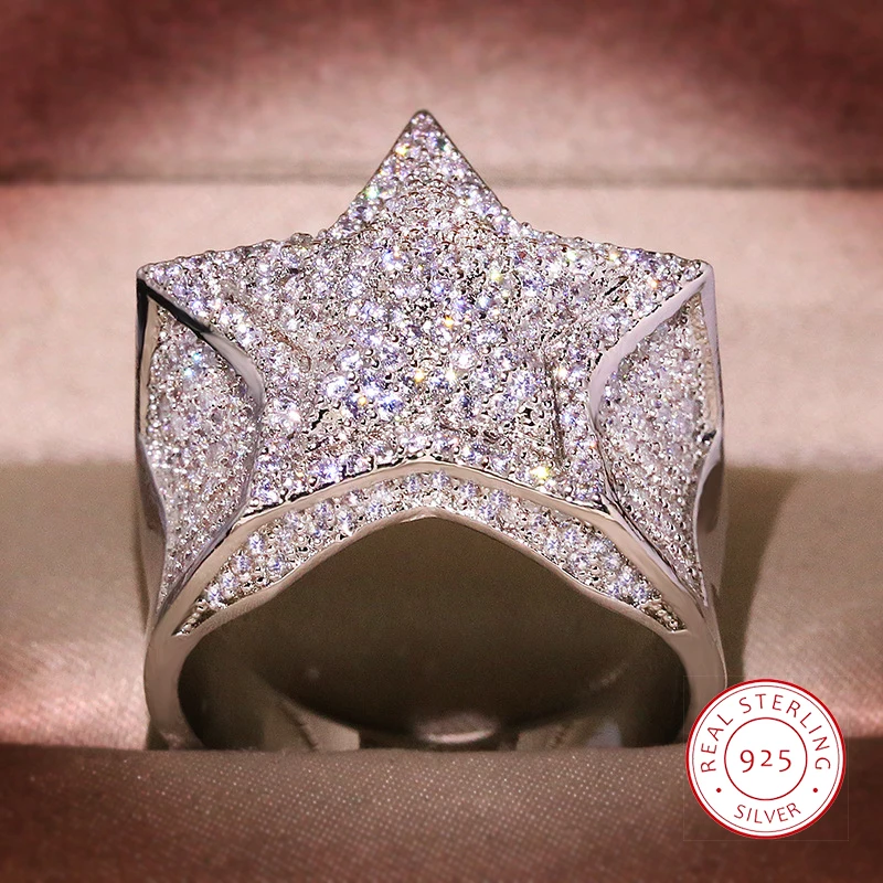 925-Silver-Hiphop-White-Zircon-Big-Ring-Five-Star-Ring-For-Women ...
