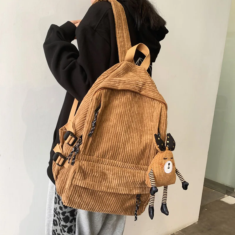 Fashion-Women-Corduroy-Backpack-Pure-Color-Stripe-Harajuku-School-Bag ...