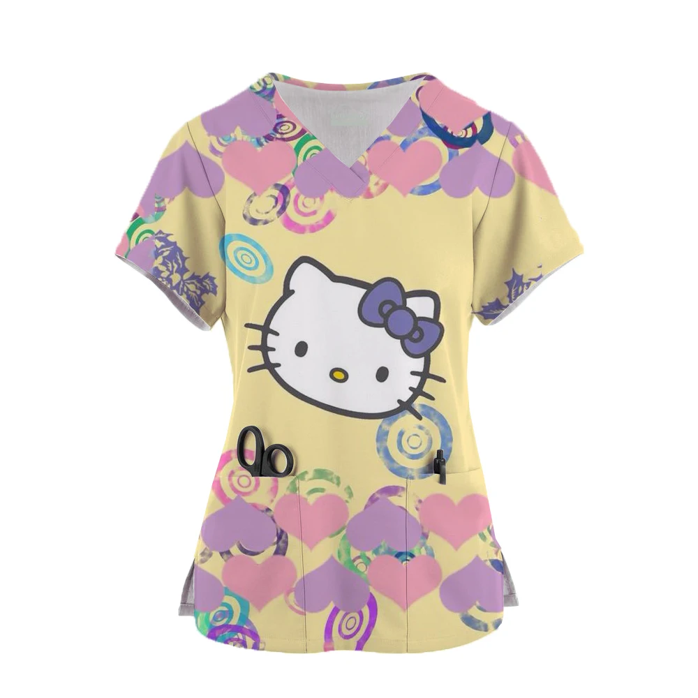 Womens-Cartoon-Hello-Kitty-Print-Kawaii-Nurse-Uniform-Scrubs-Tops-Short ...