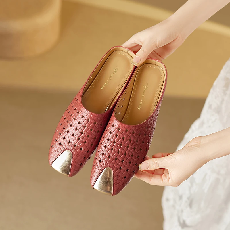 2025 Genuine Leather Mules Women Covered Toe Increased Heels Slippers ...