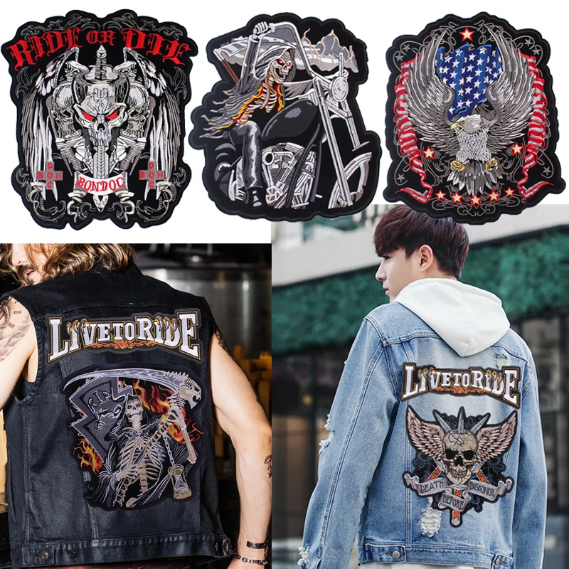 Punk Biker Patch Iron/Sew On Embroidery Patches On Clothes Skull Big ...