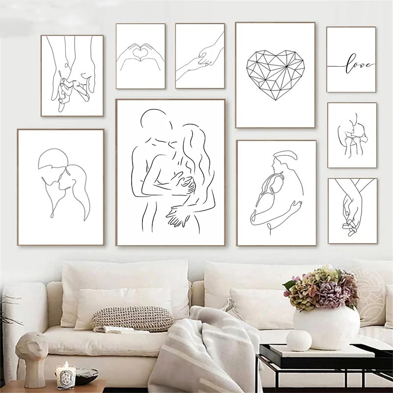 Black White Couple Line Wall Art Canvas Painting Line Drawing Hand Love ...