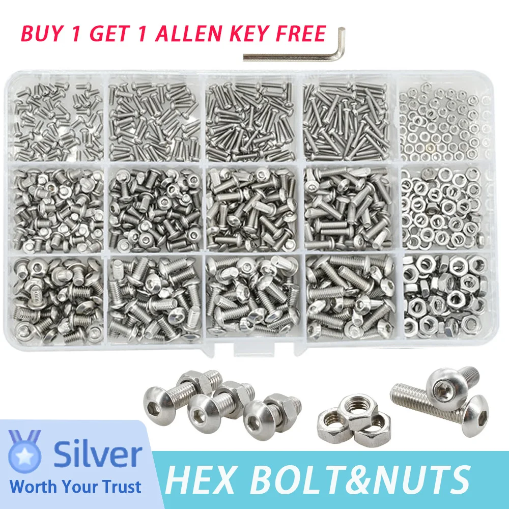 M2-M3-M4-M5-M6-Hex-Bolts-and-Nuts-Kit-Stainless-Steel-Hexagon-Button ...
