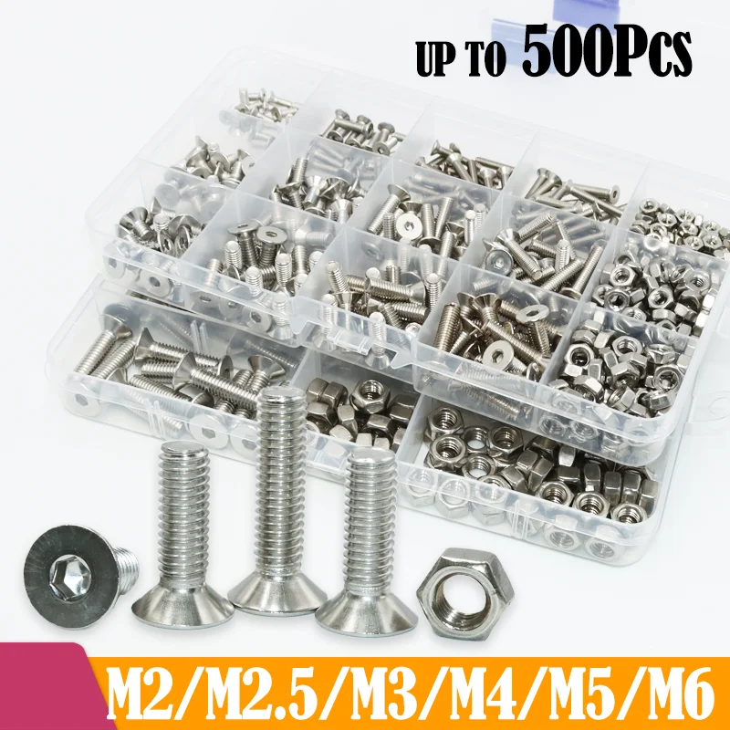Stainless-Steel-Flat-Head-Hex-Socket-Cap-Screw-Bolt-Kit-M2-M2-5-M3-M4 ...