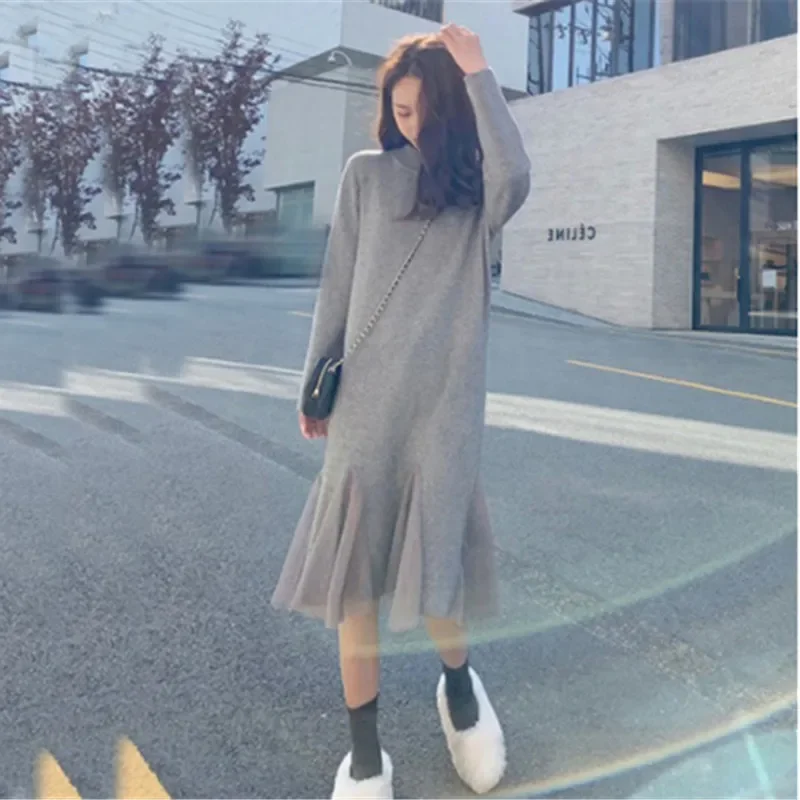 New-Autumn-Winter-Korean-Fashion-Knitted-Dress-Women-Mesh-Patchwork ...