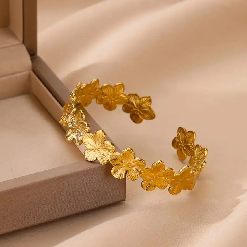 Vintage-Flower-Bangles-For-Women-Gold-Color-Stainless-Steel-Flower ...