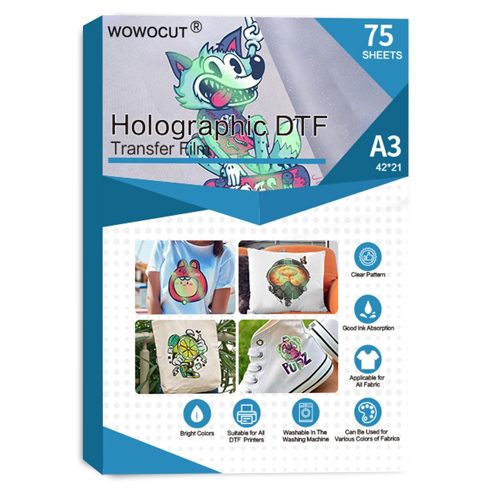 WOWOCUT Holographic DTF Transfer Film A3 75PCS Printable Matte Iron On Heat Transfer Paper for ...