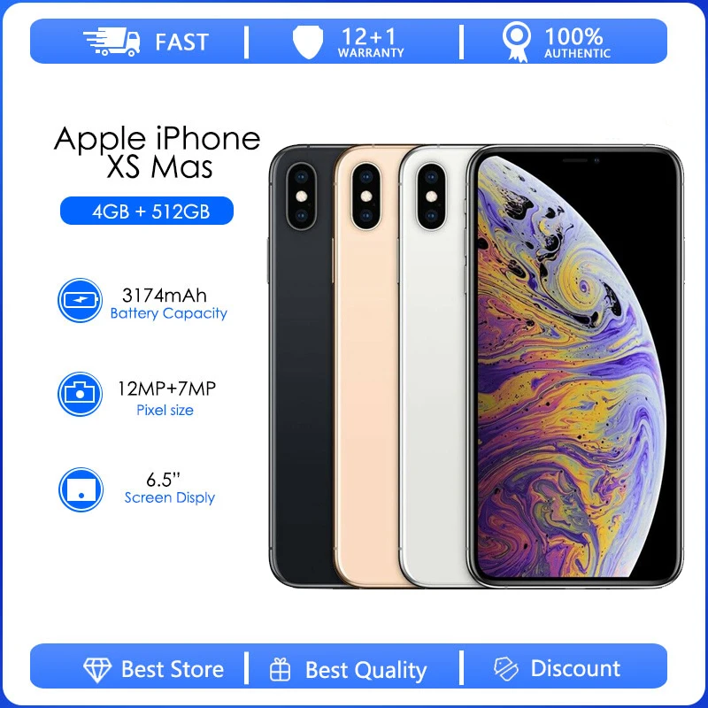 정품 애플 아이폰 XS MAX 언락 99% 스마트폰, 64GB, 256GB ROM, 6.5 인치 헥사 코어, 12MP ...