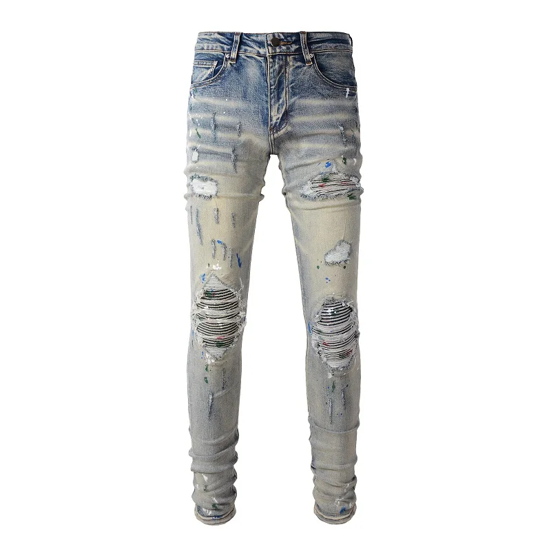 Men-s-Washed-Ripped-Patches-Jeans-Slim-Streamlined-Elastic-Trend ...