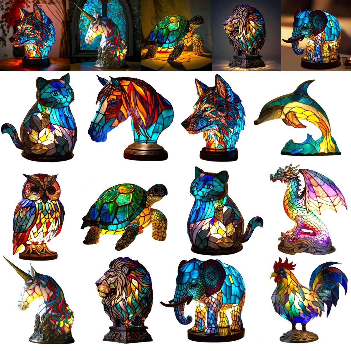 Resin-Stained-Glass-Animal-Table-Light-Owl-Lion-Wolf-Cat-Elephant-Table ...