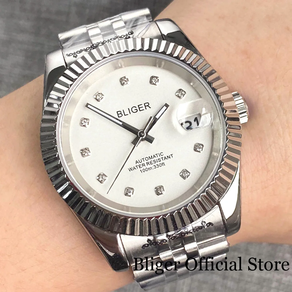 BLIGER-36mm-Automatic-Men-Watch-Fluted-Bezel-NH35A-Movement-Gem-Index ...