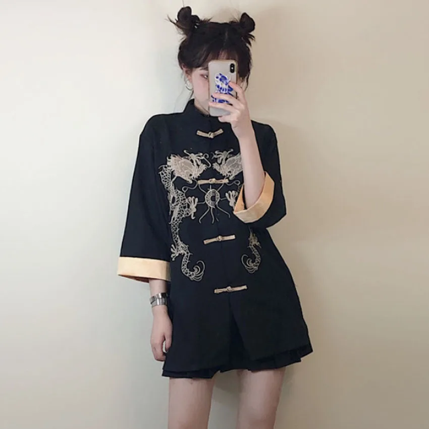 Black Gothic Tang Suit Shirt Dress for Girls Women Chinese Traditional ...