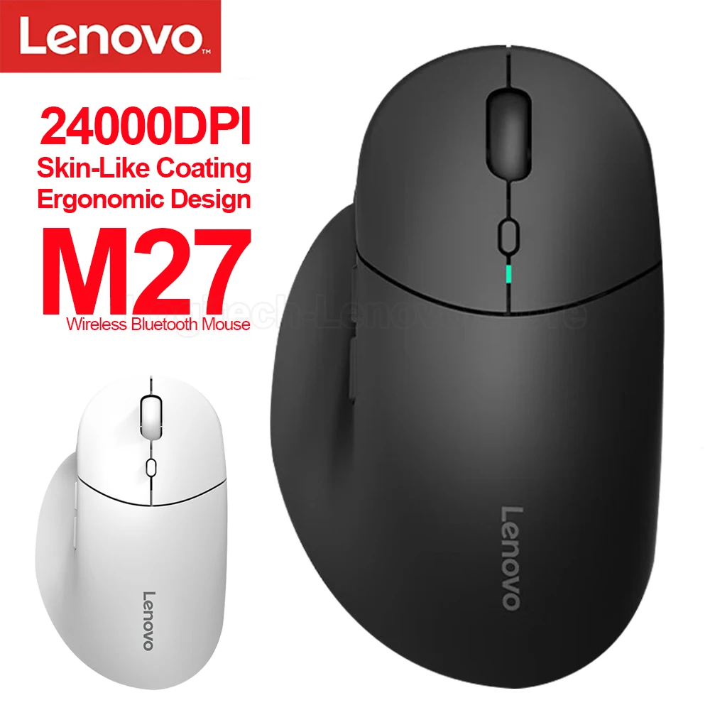 레노버 M27 무선 블루투스 마우스, 600, 1800, 2400DPI, 플러그 앤 플레이, USB 마이크로 수신기, 윈도우 7, 10/11, 2.4GHz 블루투스 5.0, 신제품