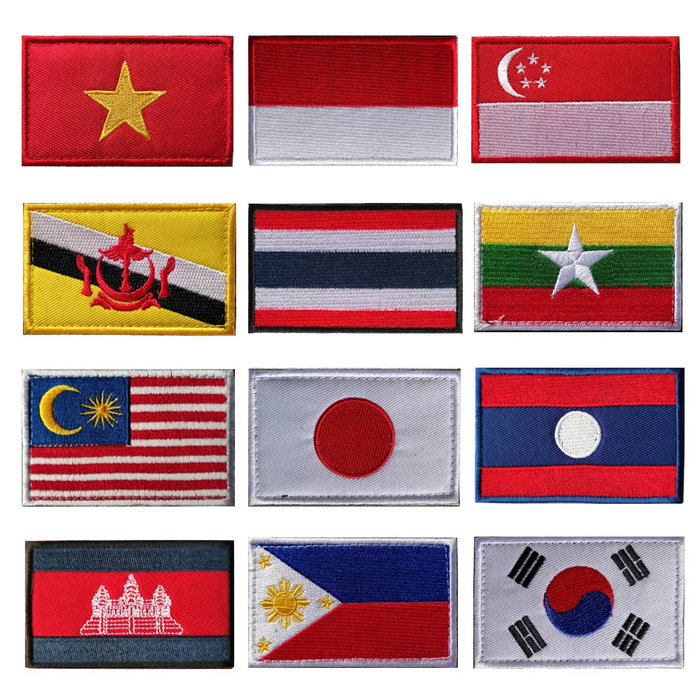 Southeast Asian Flag Embroidery Patch South Korea Japan Indonesia Singapore Laos Thailand Flag ...